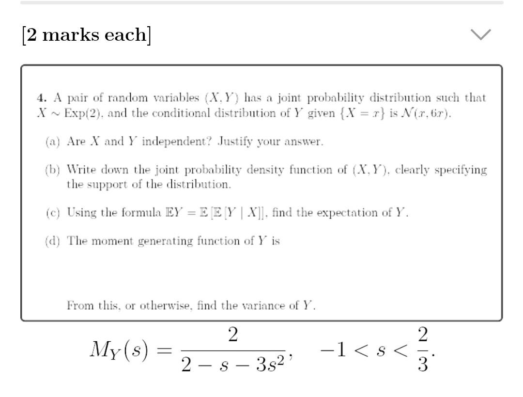 Solved 4. A pair of random variables (X,Y) has a joint | Chegg.com