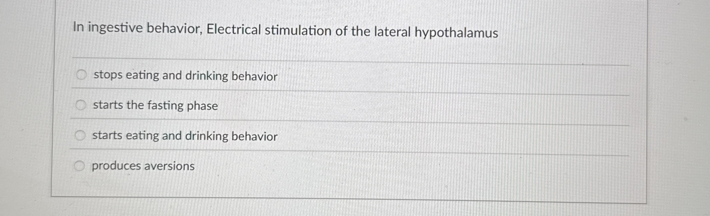 Solved In ingestive behavior, Electrical stimulation of the | Chegg.com