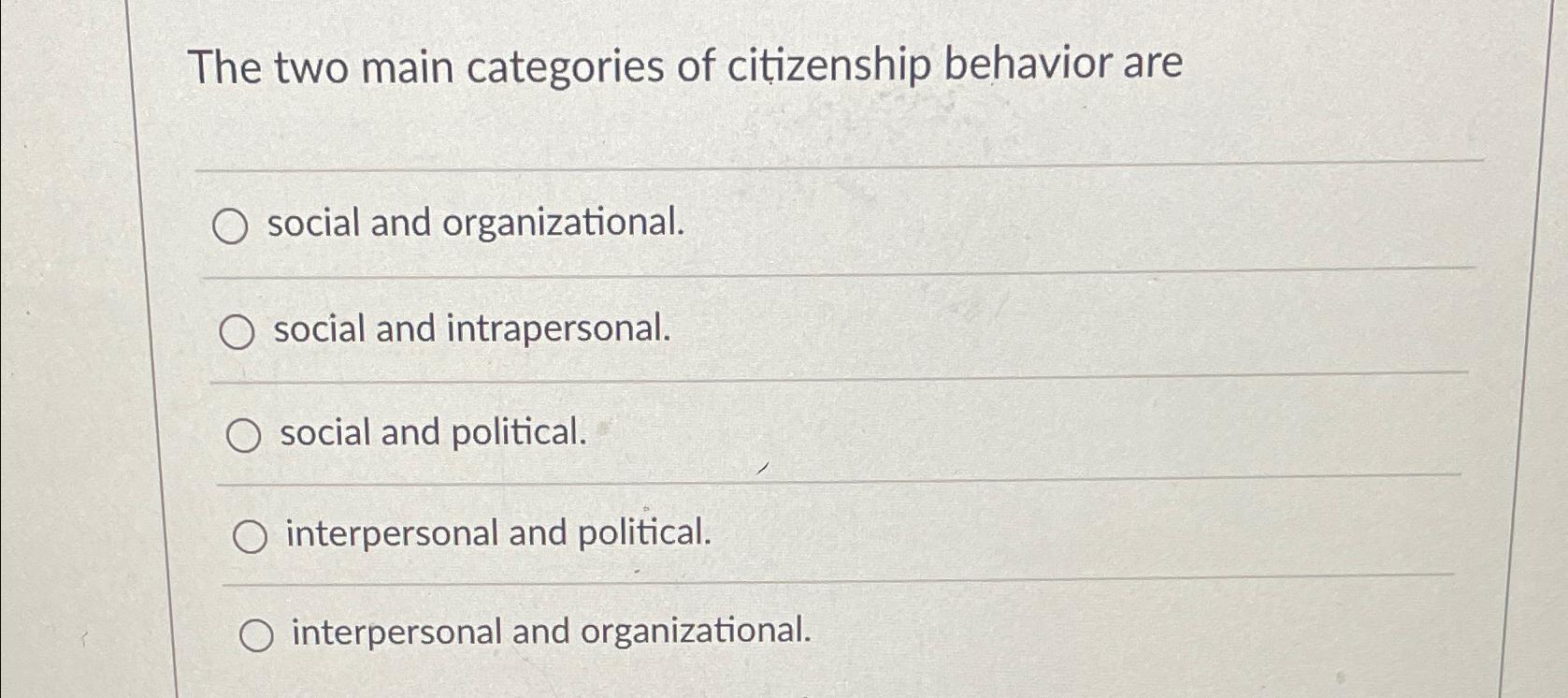 Solved The two main categories of citizenship behavior | Chegg.com