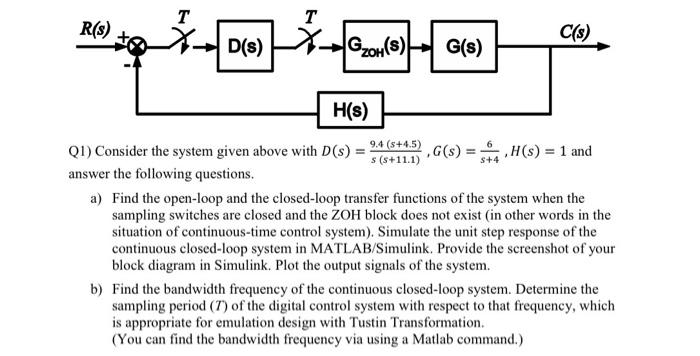 Solved R(s) T T D(s) D GZOH(S) G(S) H(s) Q1) Consider the | Chegg.com