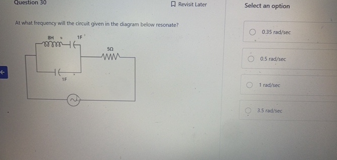 Solved Question 30At what frequency will the circuit given | Chegg.com