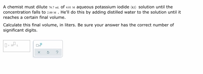 Solved A chemist must dilute 76.7 ml of 4.01 m aqueous | Chegg.com