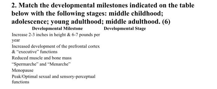 Solved 2. Match the developmental milestones indicated on | Chegg.com