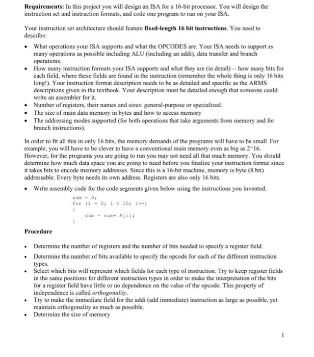 Solved Requirements: In this project you will design an ISA | Chegg.com