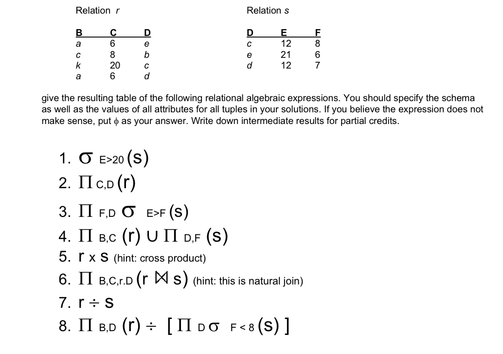 Solved Relation rRelation s\table[[B,C,D],[a,6,e | Chegg.com