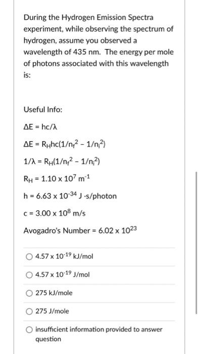 Solved During the Hydrogen Emission Spectra experiment, | Chegg.com