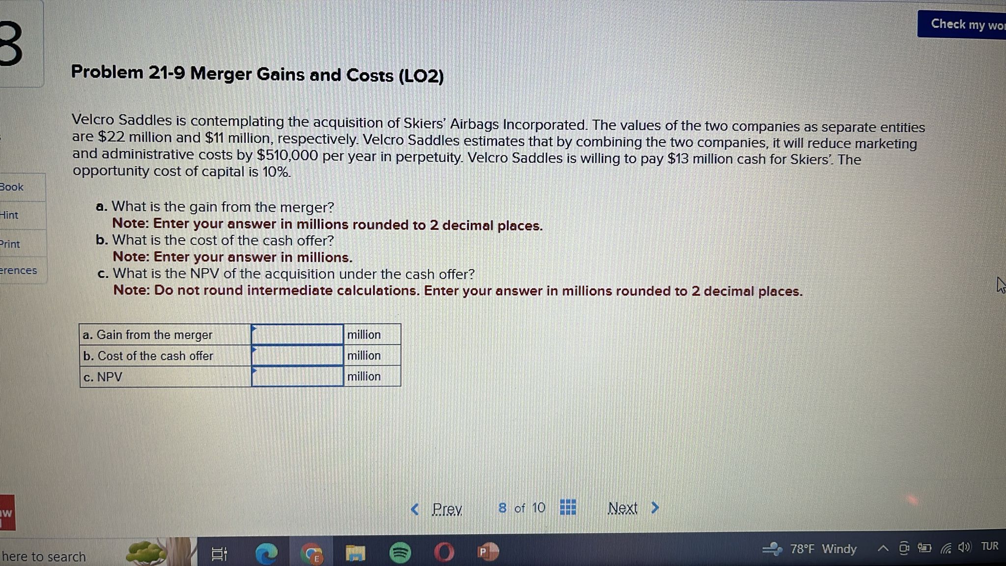 Solved Problem 21-9 ﻿Merger Gains and Costs (LO2)Velcro | Chegg.com
