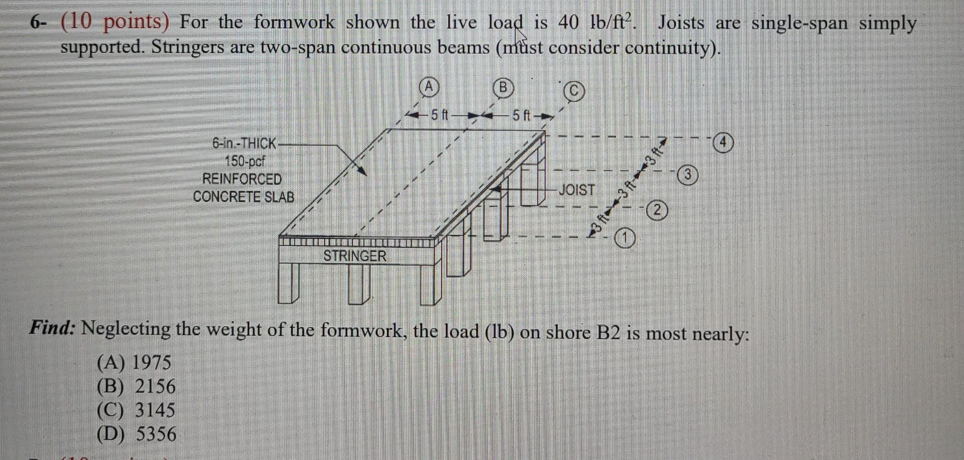 Solved 6- (10 points) For the formwork shown the live load | Chegg.com
