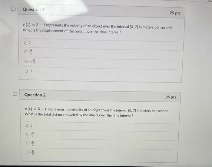 Solved v(t)=5−t represents the velocity of an object over | Chegg.com