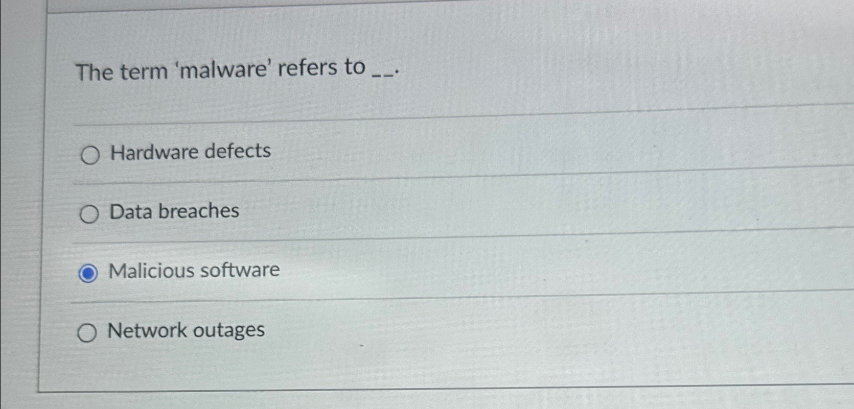 Solved The term 'malware' refers to _-.Hardware defectsData | Chegg.com