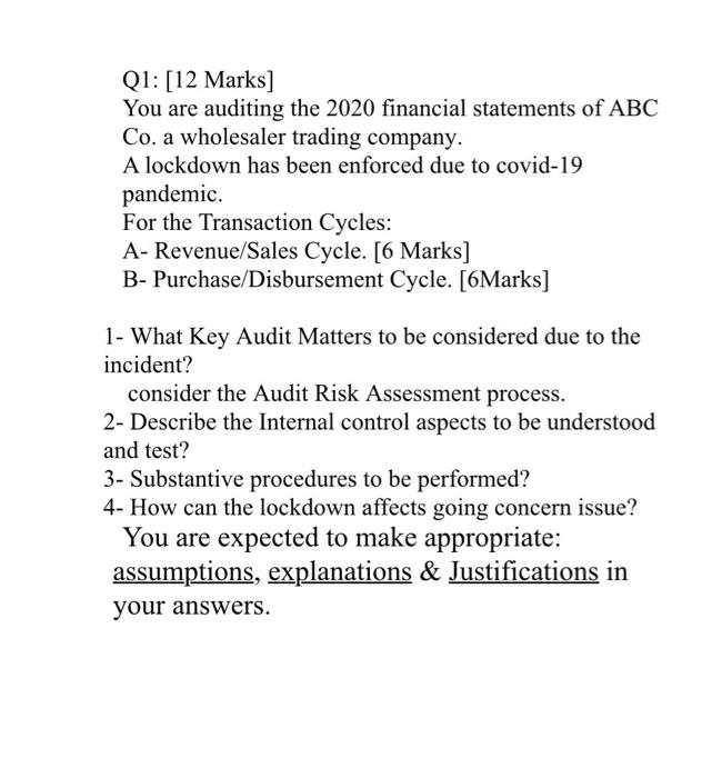 Solved Q1: [12 Marks) You are auditing the 2020 financial | Chegg.com