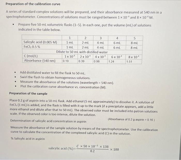 Solved Preparation of the calibration curve A series of | Chegg.com