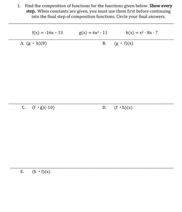 Solved 1. Find the composition of functions for the | Chegg.com