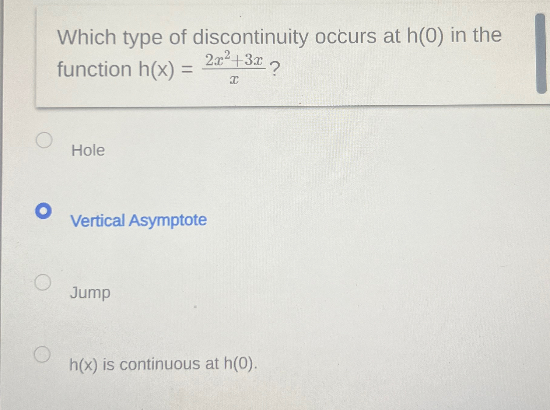 Solved Which type of discontinuity occurs at h(0) ﻿in the | Chegg.com