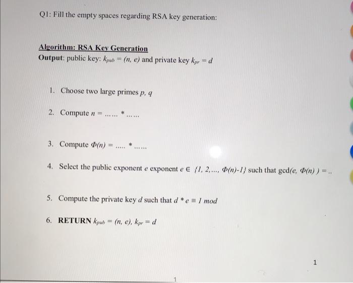Solved Q1: Fill the empty spaces regarding RSA key | Chegg.com