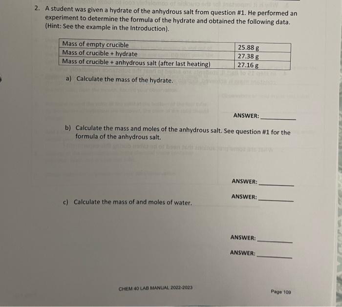 Solved 2. A student was given a hydrate of the anhydrous | Chegg.com