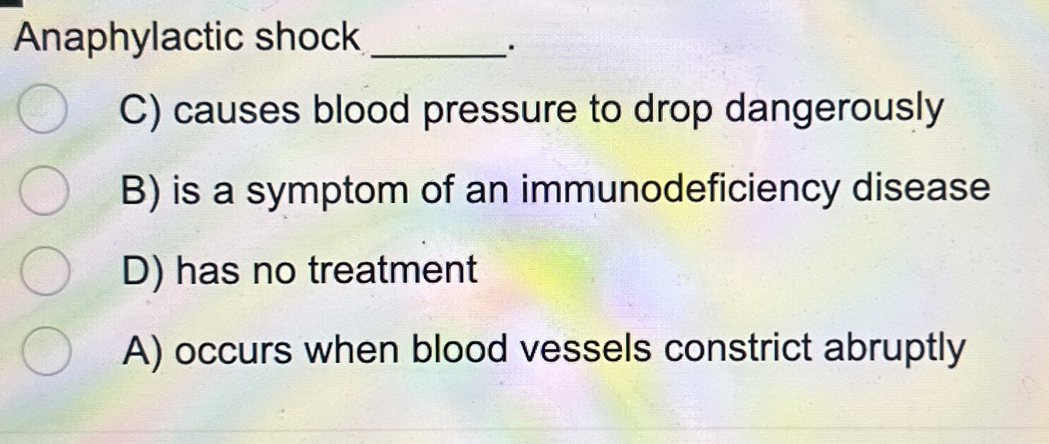 Solved Anaphylactic shockC) ﻿causes blood pressure to drop | Chegg.com