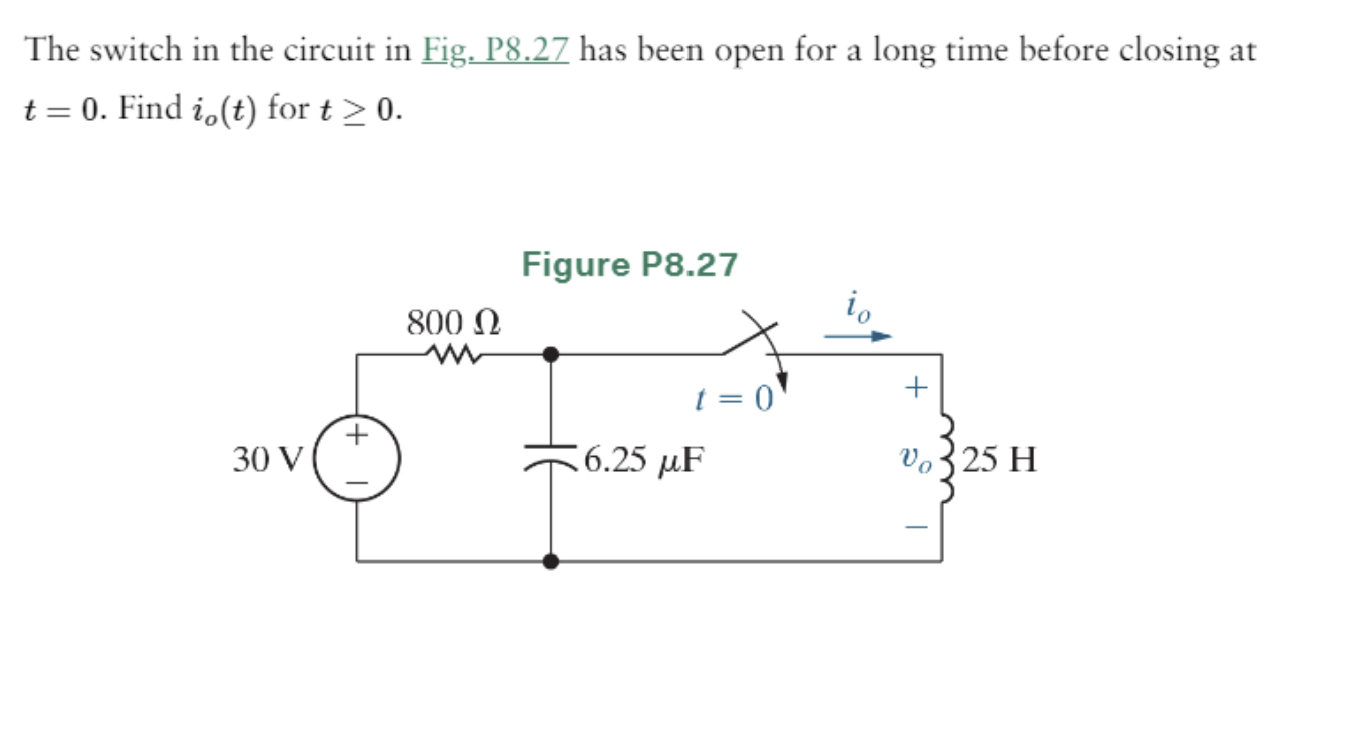 Solved The switch in the circuit in Fig, P8.27 ﻿has been | Chegg.com