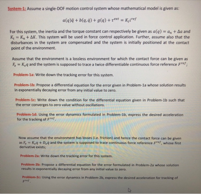 System-1: Assume a single-DOF motion control system | Chegg.com