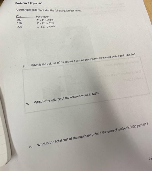 Solved A purchase order includes the following lumber items: | Chegg.com