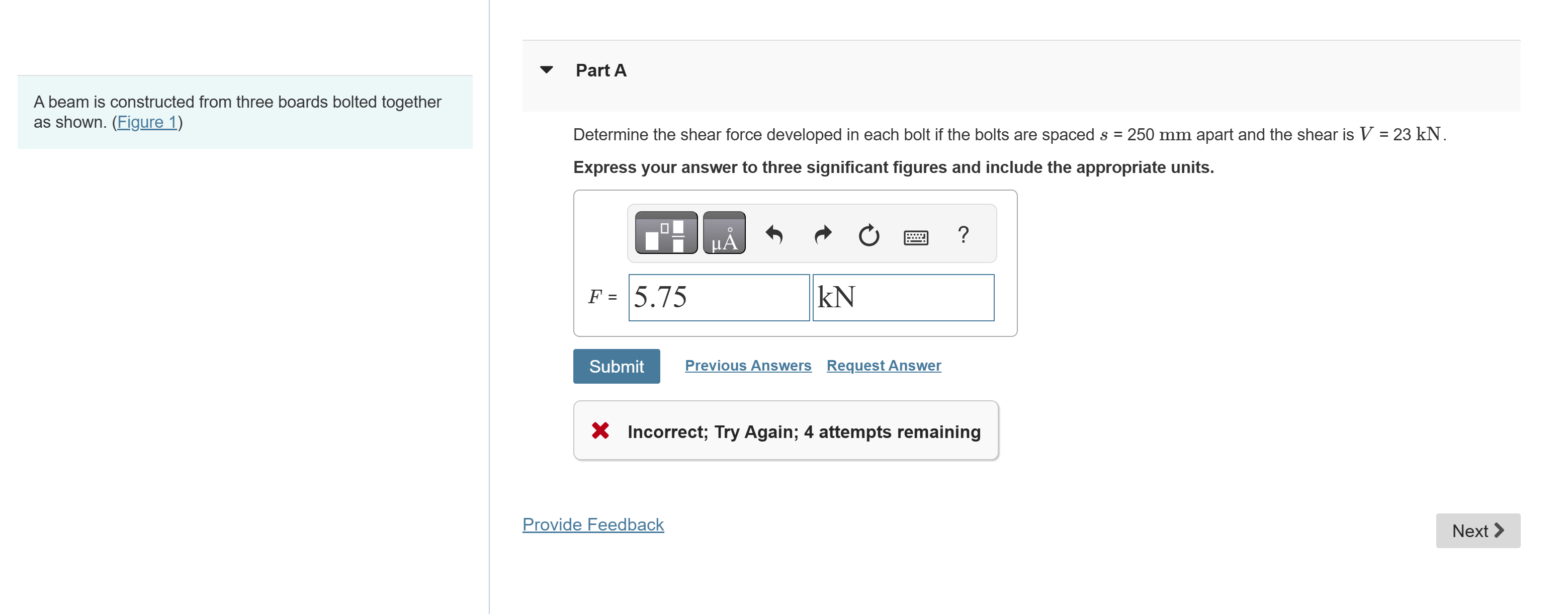 Solved Part AA beam is ﻿constructed from three boards bolted | Chegg.com