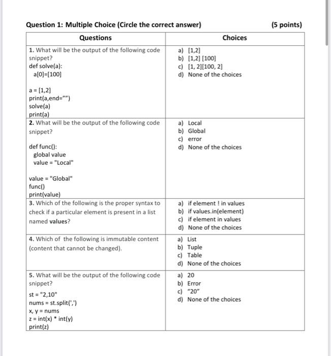 Solved Question 1: Multiple Choice (Circle the correct | Chegg.com
