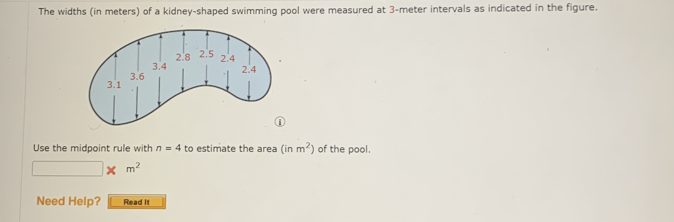 Solved The widths (in meters) ﻿of a kidney-shaped swimming | Chegg.com