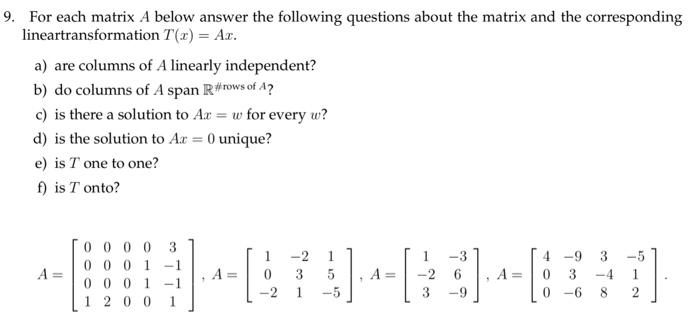 Solved For each matrix A below answer the following | Chegg.com