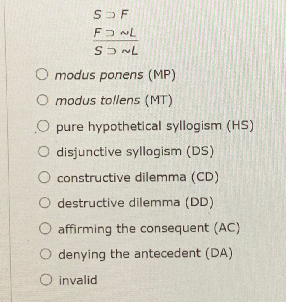 Solved SsupFF⊃∼LS⊃∼L ﻿modus ponens (MP)modus tollens | Chegg.com