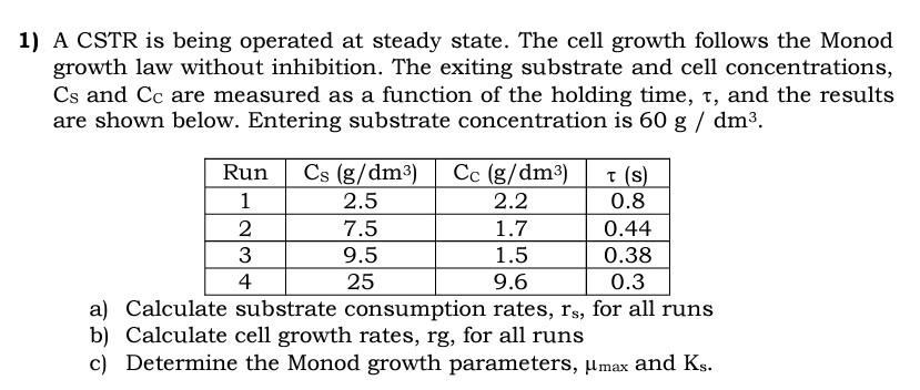 Solved 1) A CSTR is being operated at steady state. The cell | Chegg.com