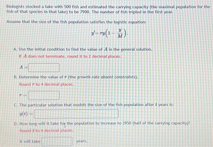 Solved Biologists stocked a lake with 500 fish and estimated | Chegg.com