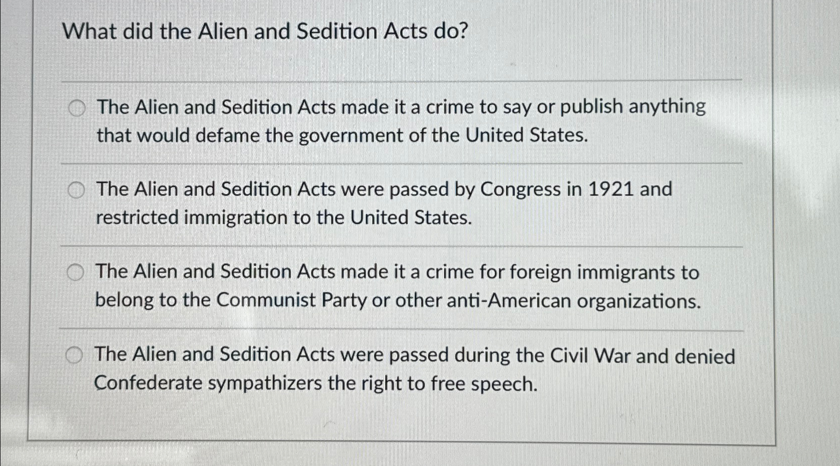 Solved What did the Alien and Sedition Acts do?The Alien and | Chegg.com