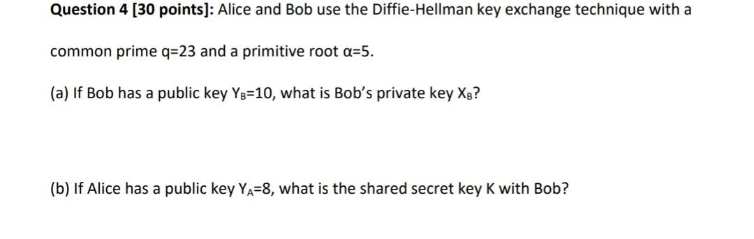 Solved Question 4 [30 points]: Alice and Bob use the | Chegg.com