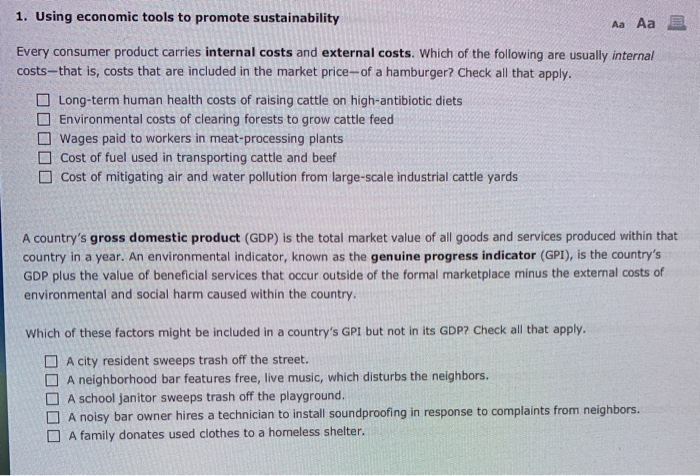 Solved 1. Using economic tools to promote sustainability Aa | Chegg.com