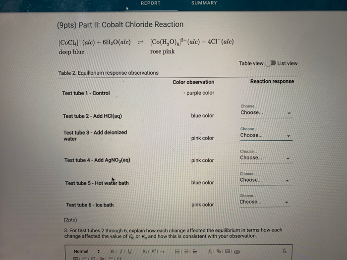 REPORT SUMMARY (9pts) Part II: Cobalt Chloride | Chegg.com
