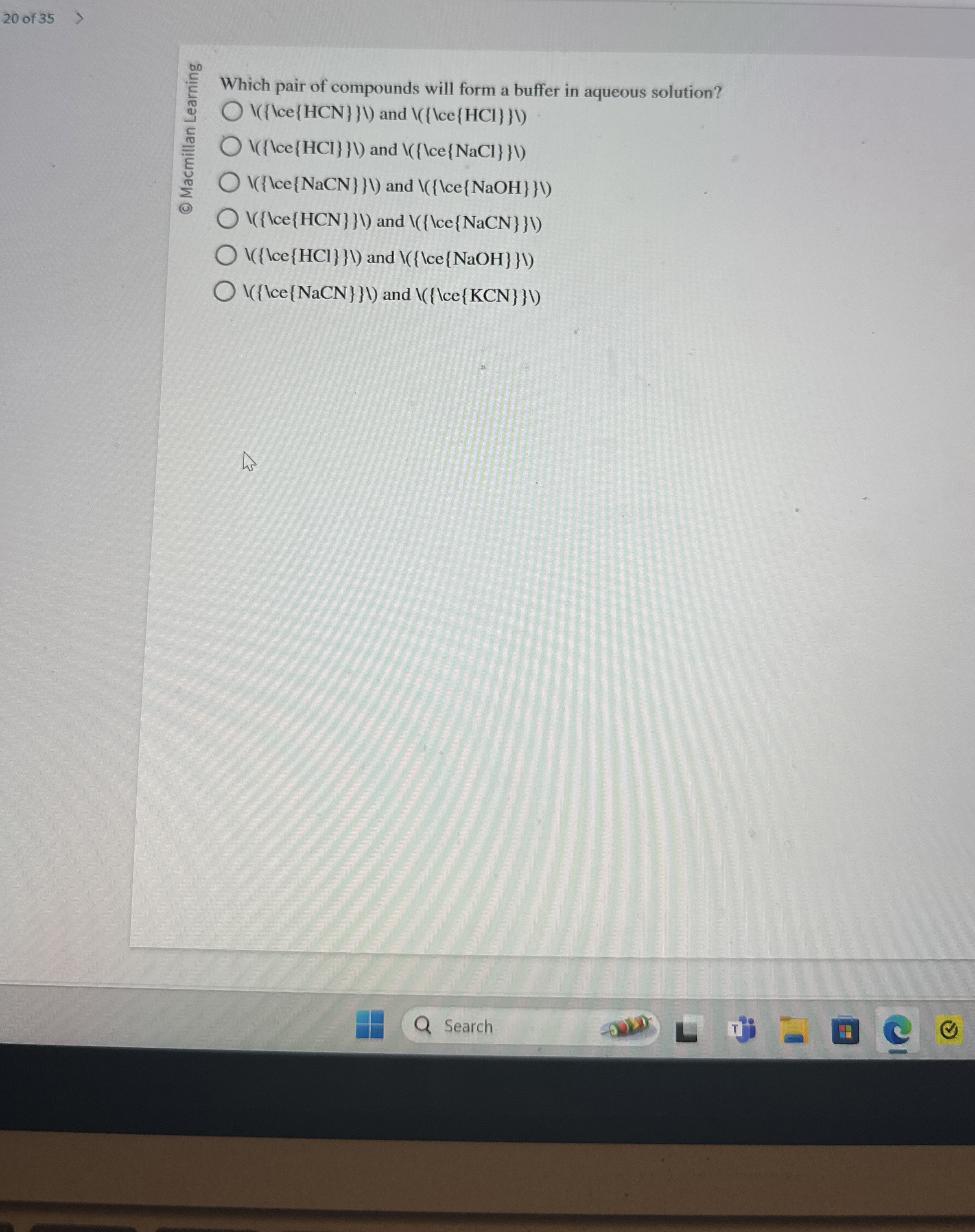 Solved 20 ﻿of 35Which pair of compounds will form a buffer | Chegg.com