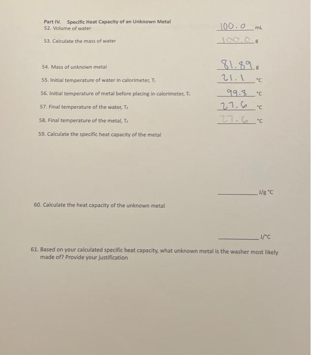 Solved Part IV. Specific Heat Capacity of an unknown Metal | Chegg.com