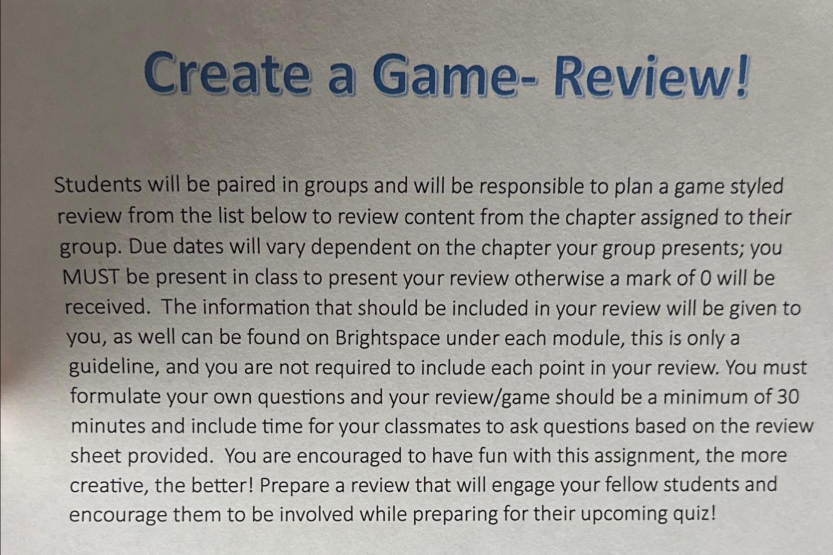 Solved Create a Game- ﻿Review!Students will be paired in | Chegg.com