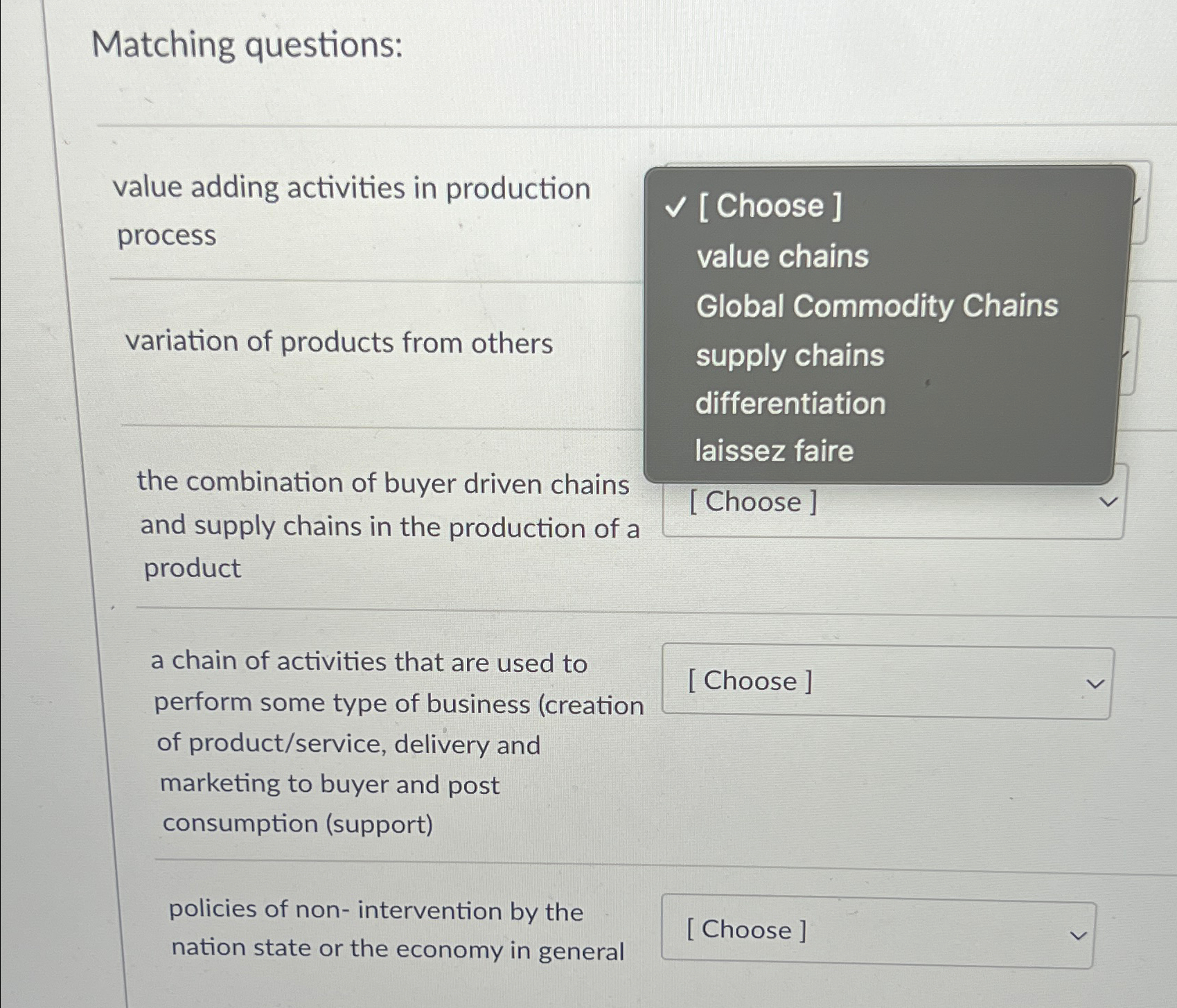 Solved Matching questions:value adding activities in | Chegg.com