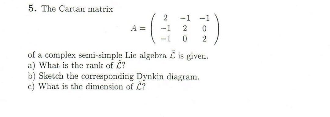 5. The Cartan matrix 2 -1 -1 -1 2 0 -1 0 2 of a | Chegg.com