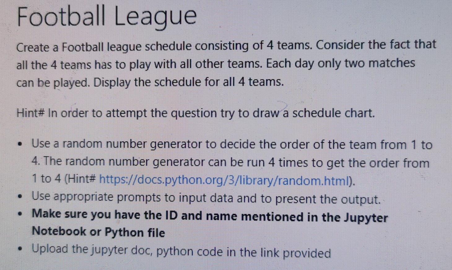 Solved Football League Create a Football league schedule | Chegg.com