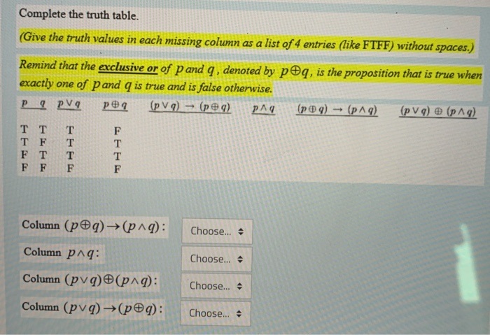 Solved Complete the truth table. (Give the truth values in | Chegg.com