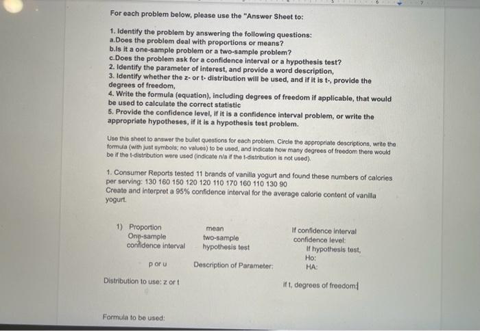 Solved For each problem below, please use the "Answer Sheet | Chegg.com
