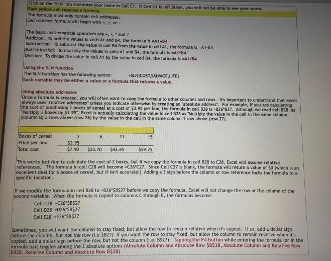 Solved Click on the 'SLN' tab and enter your name in Cell | Chegg.com