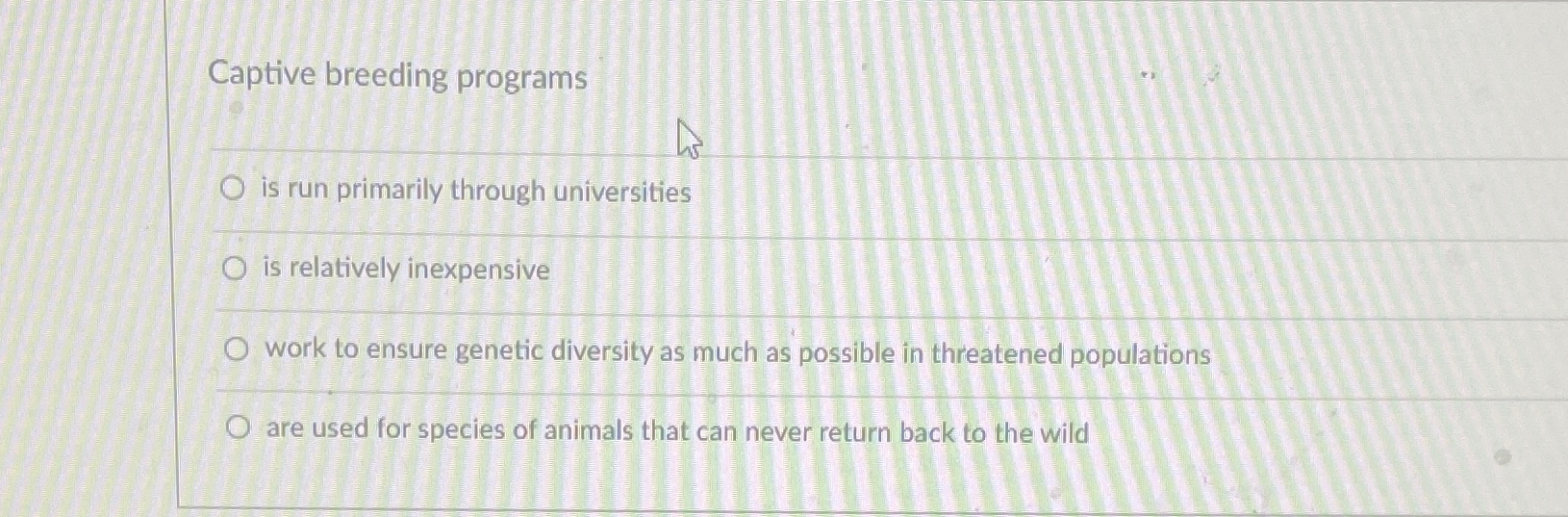 Solved Captive breeding programsis run primarily through | Chegg.com