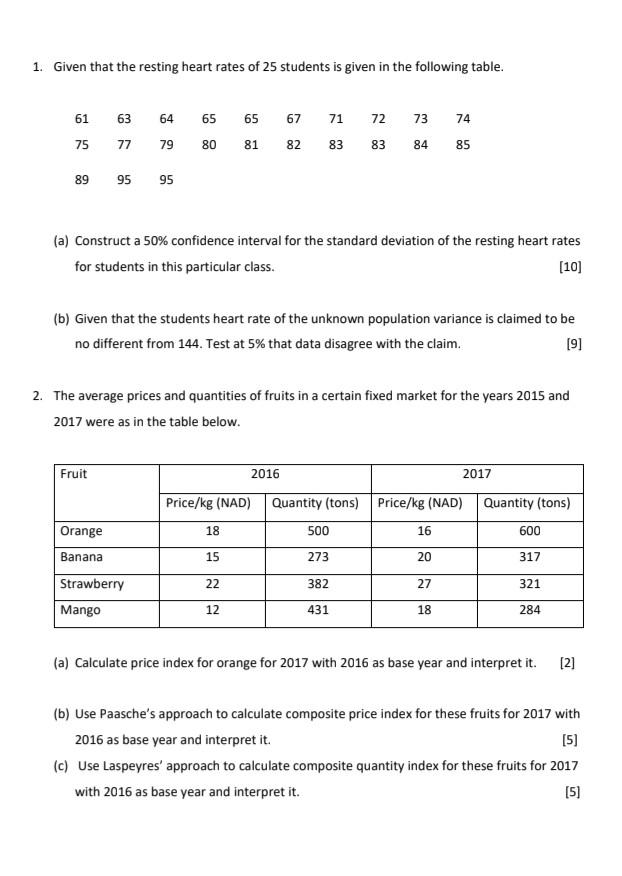 Solved 1. Given that the resting heart rates of 25 students | Chegg.com