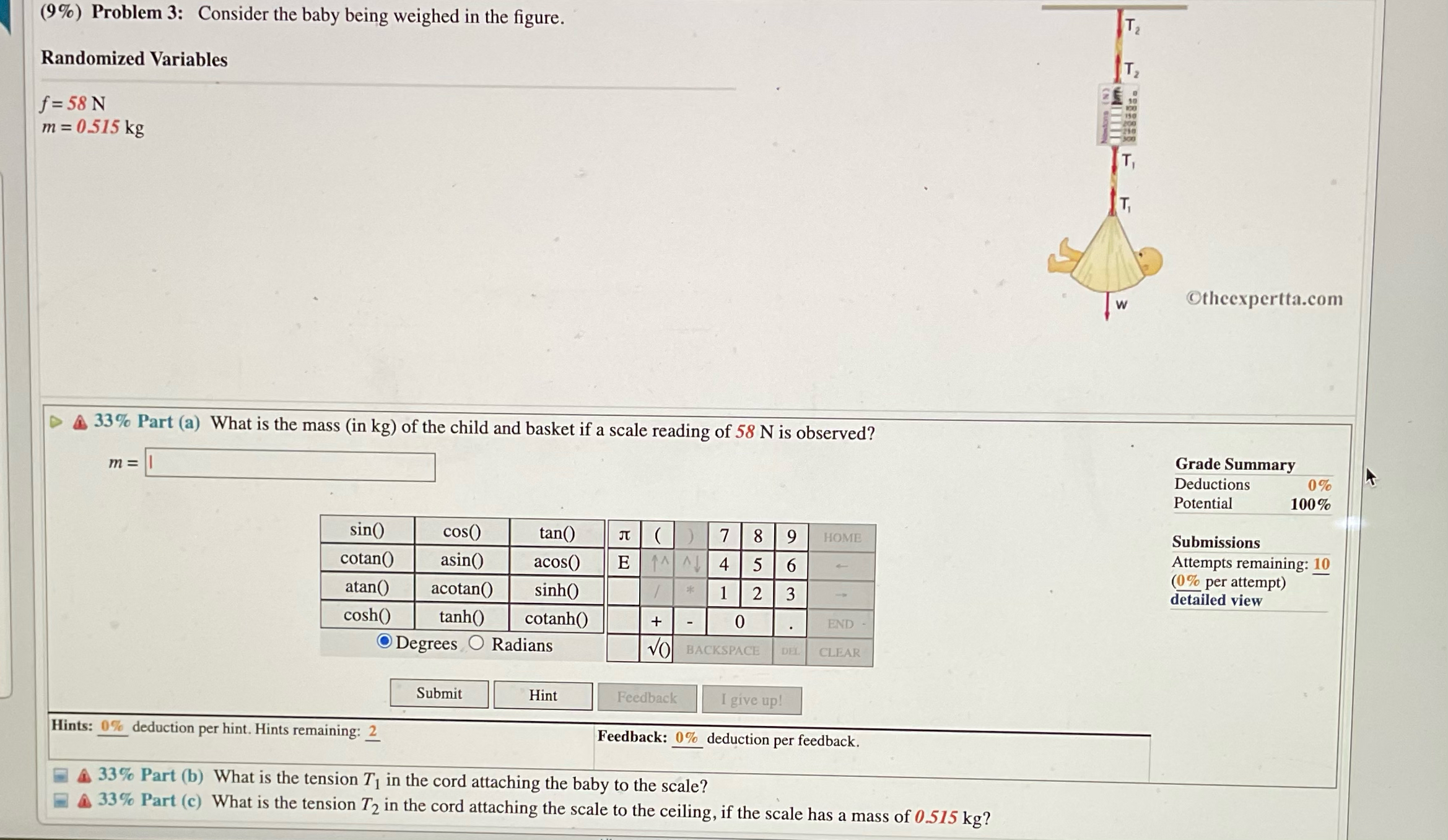 Solved (9%) ) ﻿Problem 3: Consider the baby being weighed in | Chegg.com