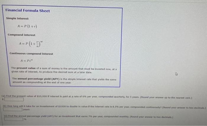 Solved Financial Formula Sheet Simple interest A=P(1+r) | Chegg.com