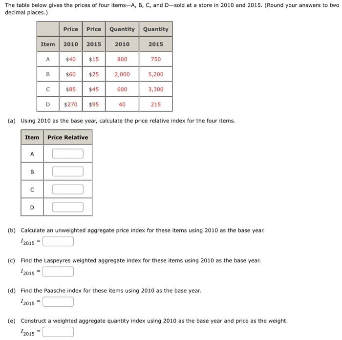 Solved The table below gives the prices of four items-A, B, | Chegg.com