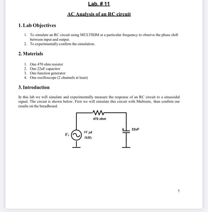 Solved Lab. # 11 AC Analysis of an RC circuit 1. Lab | Chegg.com